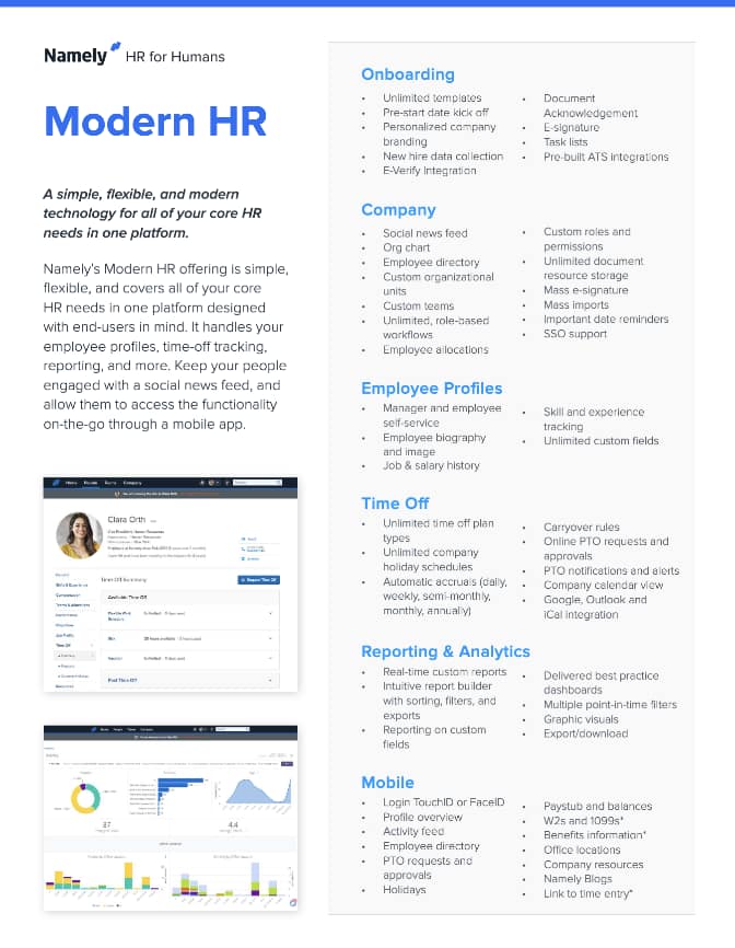 Namely's Modern HR System One-Pager - Namely
